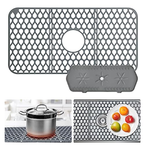 KESTERRA Sink Protectors for Kitchen Sink, 26"x 14" Center Drain Kitchen Sink Mats with Faucet Splash Guard, Silicone Heat Resistant Dish Pad for Bottom of Farmhouse Stainless Steel Porcelain Sink