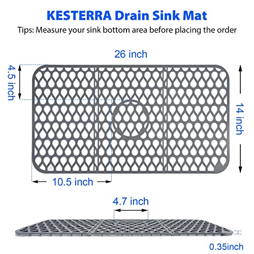 KESTERRA Sink Protectors for Kitchen Sink, 26"x 14" Center Drain Kitchen Sink Mats with Faucet Splash Guard, Silicone Heat Resistant Dish Pad for Bottom of Farmhouse Stainless Steel Porcelain Sink