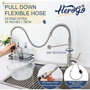 Kitchen Faucets with Pull Down Sprayer Brushed Nickel, Herogo 2.0 Upgraded Commercial Stainless Steel Single Handle Pull Out Spring Sink Faucets with Deck Plate for Utility Farmhouse Laundry Rv Wet