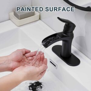 Waterfall Bathroom Faucets for Sink 3 Hole / 1 Hole, Matte Black Bathroom Faucet Ceramic Valve Leak-Proof Black Sink Faucet Bathroom Faucet for Bathroom Sink with Pop up Drain & Base Plate