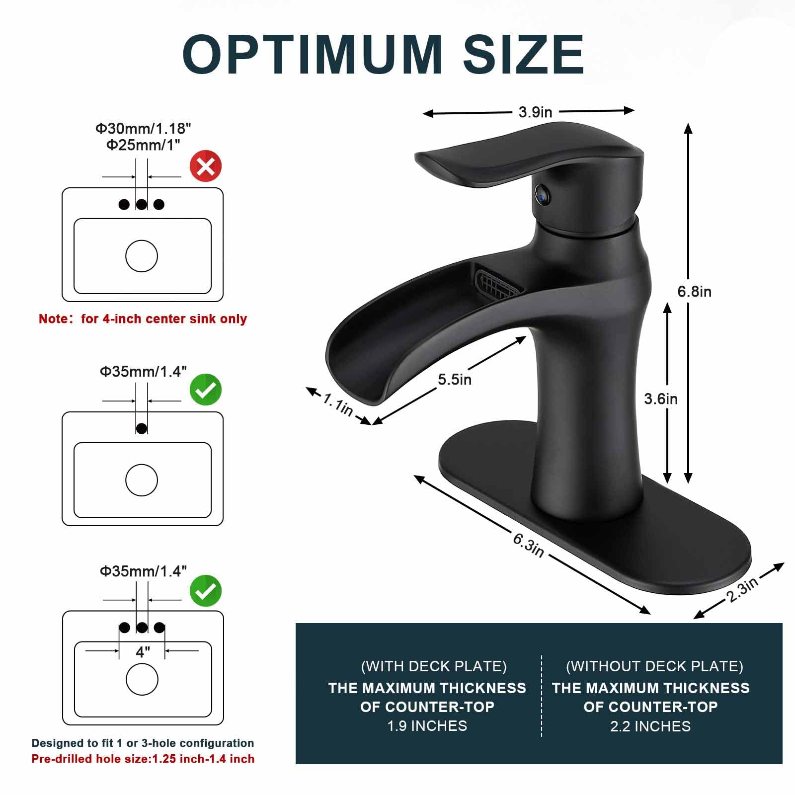 Waterfall Bathroom Faucets for Sink 3 Hole / 1 Hole, Matte Black Bathroom Faucet Ceramic Valve Leak-Proof Black Sink Faucet Bathroom Faucet for Bathroom Sink with Pop up Drain & Base Plate