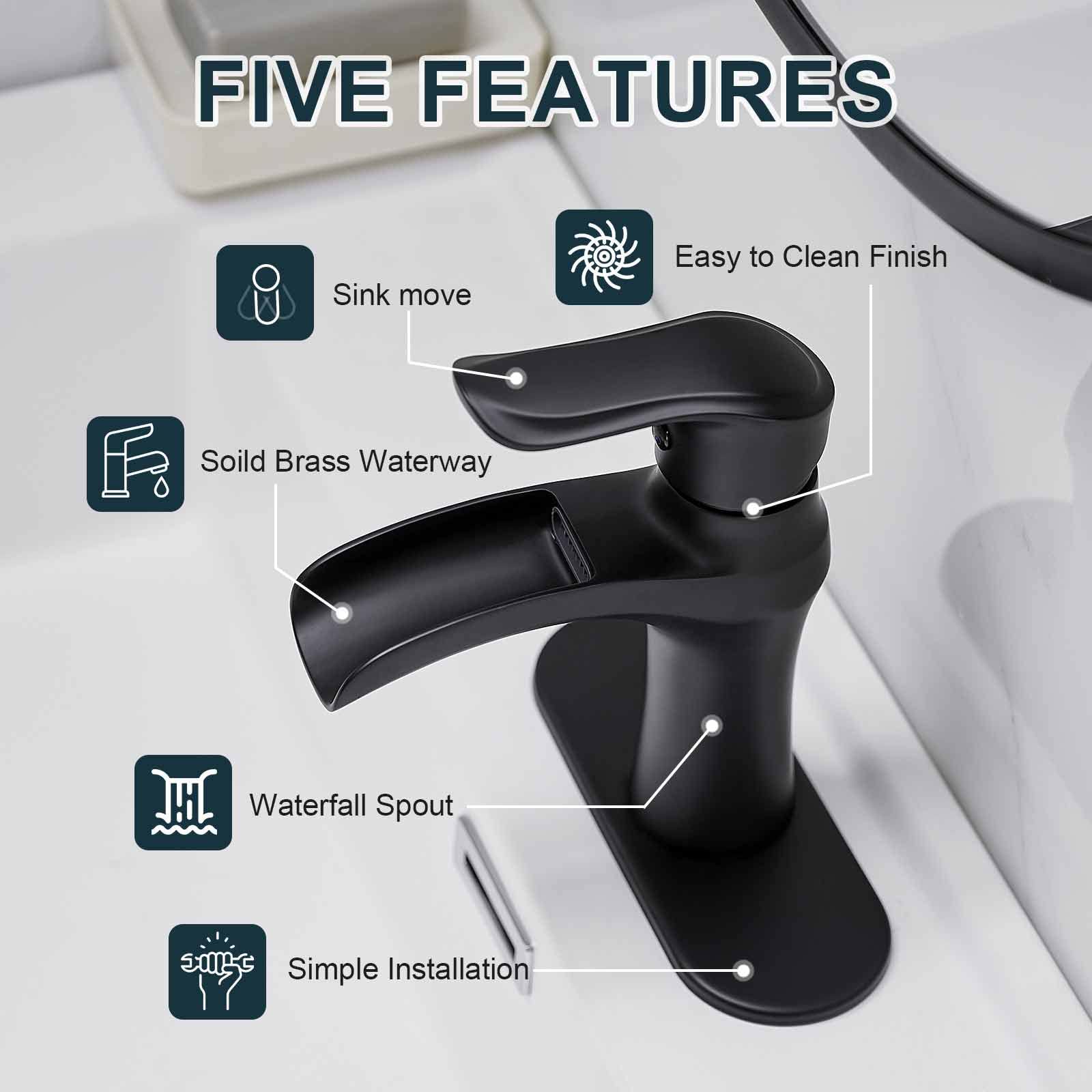 Waterfall Bathroom Faucets for Sink 3 Hole / 1 Hole, Matte Black Bathroom Faucet Ceramic Valve Leak-Proof Black Sink Faucet Bathroom Faucet for Bathroom Sink with Pop up Drain & Base Plate