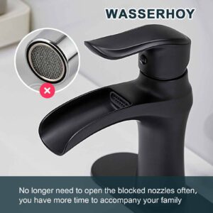 Waterfall Bathroom Faucets for Sink 3 Hole / 1 Hole, Matte Black Bathroom Faucet Ceramic Valve Leak-Proof Black Sink Faucet Bathroom Faucet for Bathroom Sink with Pop up Drain & Base Plate