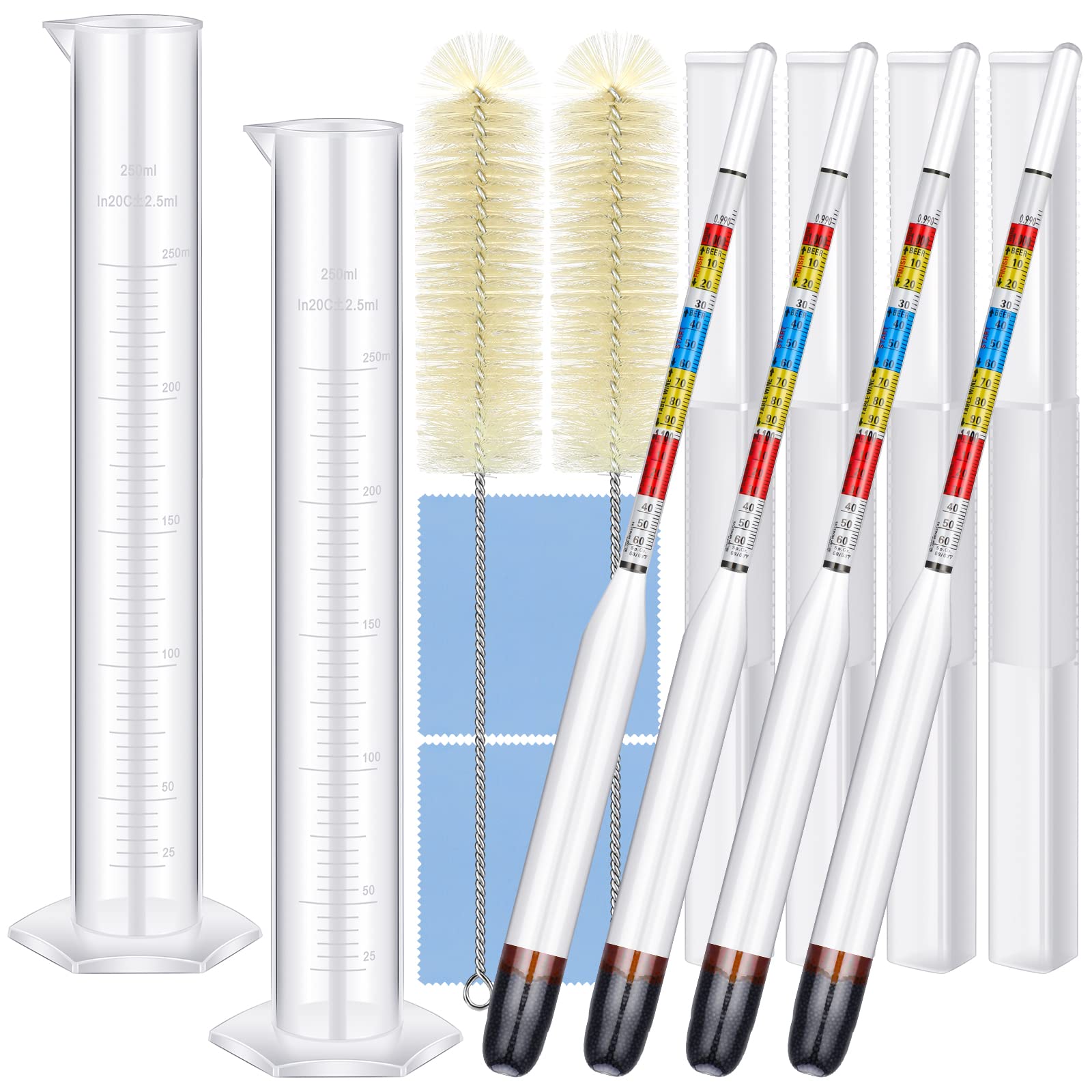 10 Pieces Hydrometer and Test Jar Set, Includes Triple Scale Alcohol Hydrometer 250 ml Plastic Cylinder with Cleaning Brush and Cloth Storage Case Manual for Wine Beer Mead Cider Brewing Supplies