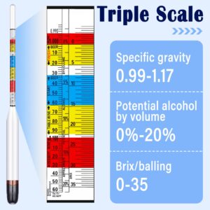 10 Pieces Hydrometer and Test Jar Set, Includes Triple Scale Alcohol Hydrometer 250 ml Plastic Cylinder with Cleaning Brush and Cloth Storage Case Manual for Wine Beer Mead Cider Brewing Supplies