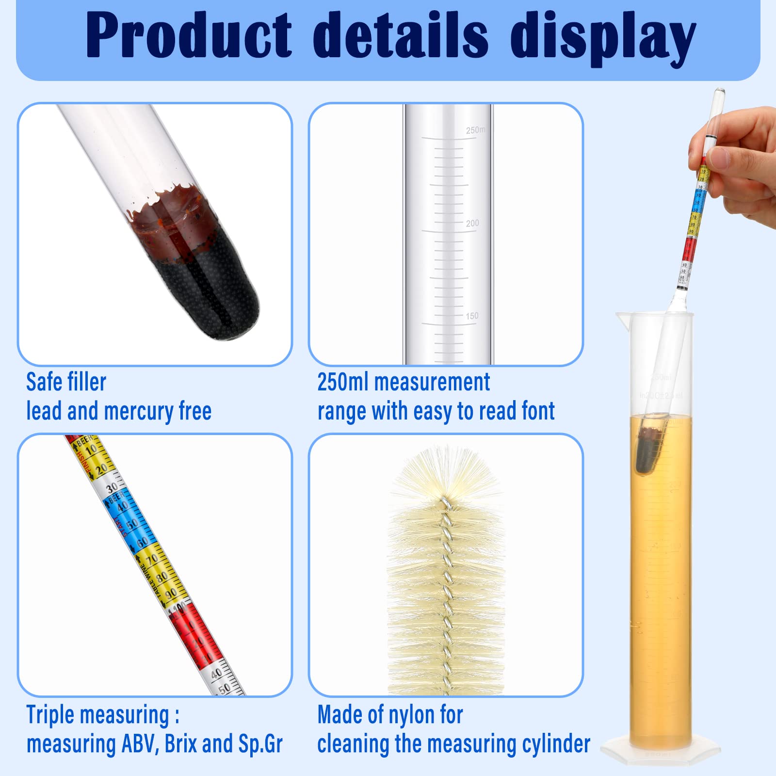 10 Pieces Hydrometer and Test Jar Set, Includes Triple Scale Alcohol Hydrometer 250 ml Plastic Cylinder with Cleaning Brush and Cloth Storage Case Manual for Wine Beer Mead Cider Brewing Supplies