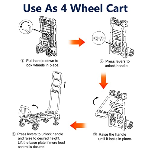 Kweetle 2 in 1 Folding Hand Truck Heavy Duty 330LB Load Carrying Convertible Dolly Cart with Retractable Handle and 4 Rubber Wheels for Luggage Personal Travel Mobile Office (Only Hand Truck)