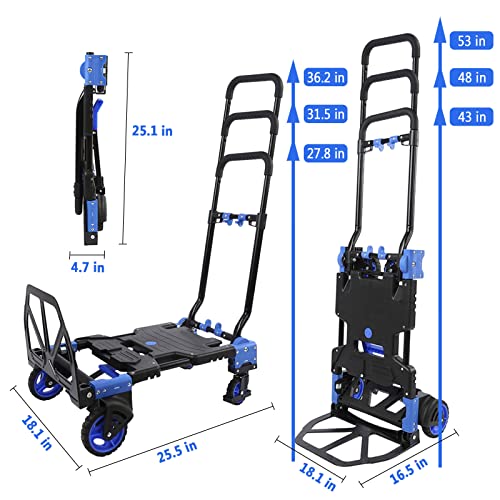 Kweetle 2 in 1 Folding Hand Truck Heavy Duty 330LB Load Carrying Convertible Dolly Cart with Retractable Handle and 4 Rubber Wheels for Luggage Personal Travel Mobile Office (Only Hand Truck)