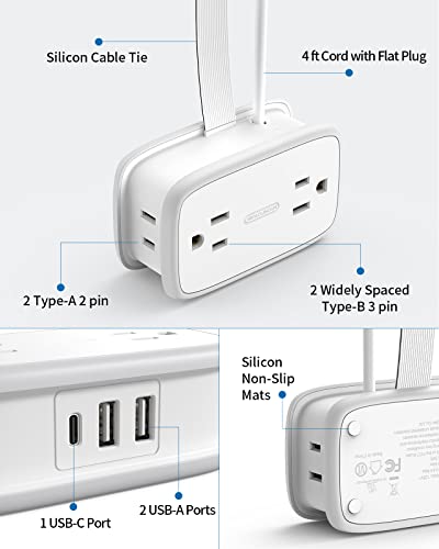 Travel Power Strip with USB C, NTONPOWER 4 Outlets 3 USB(1 USB-C), 4ft Flat Plug Extension Cord with USB C Ports, Portable Power Strip Flat Plug, Compact for Travel Hotel Cruise Essentials, White