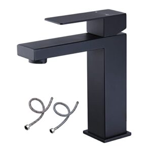 black single handle bathroom faucet, bathroom sink faucet matte black, sus304 stainless steel modern single hole faucet for bathroom sink with cupc certified water supply hoses