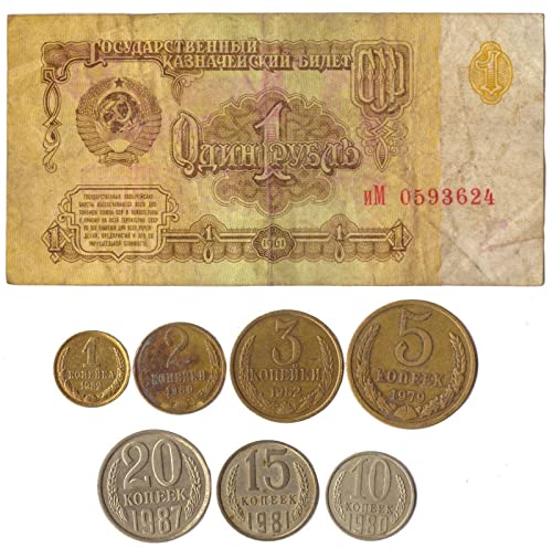 7 Kopeks Set | 1 Ruble Banknote | Soviet Union | CCCP | USSR | Cold War Money Collection | 1961-1991