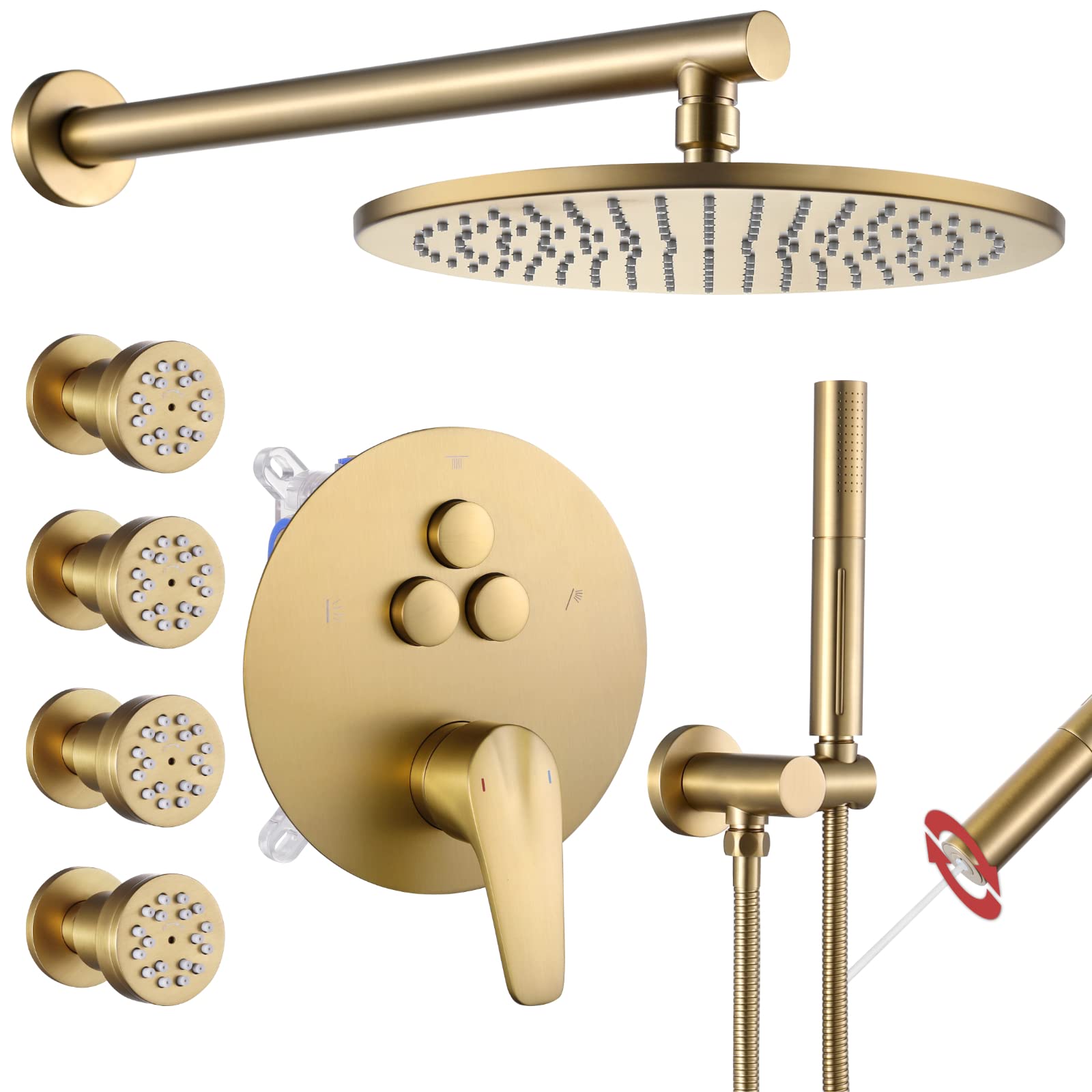 VANFOXLE Shower Faucet Brushed Gold Shower System,Push Button Diverter Shower Faucet with 2 in 1 Handheld,Wall Mount 10 Inch Shower Head with 4 PCS Dual Modes Body Jets(2 Inch)