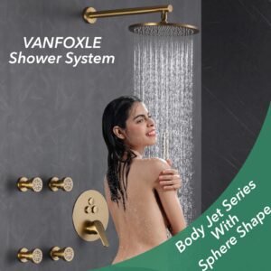 VANFOXLE Shower Faucet Brushed Gold Shower System,Push Button Diverter Shower Faucet with 2 in 1 Handheld,Wall Mount 10 Inch Shower Head with 4 PCS Dual Modes Body Jets(2 Inch)