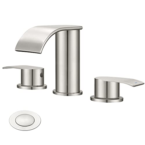 Brushed Nickel Waterfall Bathroom Faucets for Sink 3 Hole - Widespread Bathroom Faucet Two Handles 8 Inch, Modern Bathroom Sink Faucet, with Metal Pop Up Drain Assembly & Supply Lines