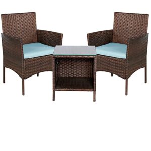 btexpert space saving outdoor wicker conversation 3 piece bistro set garden patio yard porch furniture pe rattan two chairs cushions side storage table brown/aqua blue