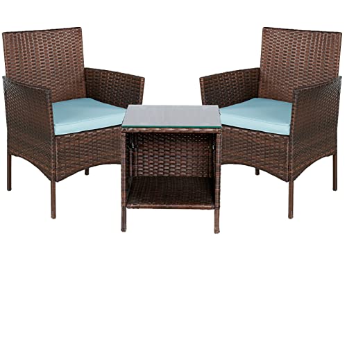 BTEXPERT Space Saving Outdoor Wicker Conversation 3 Piece Bistro Set Garden Patio Yard Porch Furniture Pe Rattan Two Chairs Cushions Side Storage Table Brown/Aqua Blue