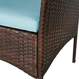 BTEXPERT Space Saving Outdoor Wicker Conversation 3 Piece Bistro Set Garden Patio Yard Porch Furniture Pe Rattan Two Chairs Cushions Side Storage Table Brown/Aqua Blue