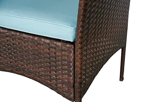 BTEXPERT Space Saving Outdoor Wicker Conversation 3 Piece Bistro Set Garden Patio Yard Porch Furniture Pe Rattan Two Chairs Cushions Side Storage Table Brown/Aqua Blue