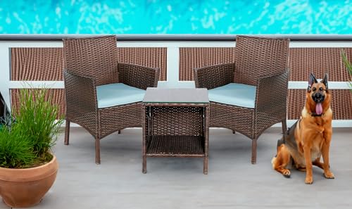 BTEXPERT Space Saving Outdoor Wicker Conversation 3 Piece Bistro Set Garden Patio Yard Porch Furniture Pe Rattan Two Chairs Cushions Side Storage Table Brown/Aqua Blue