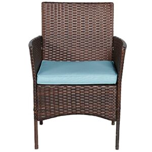 BTEXPERT Space Saving Outdoor Wicker Conversation 3 Piece Bistro Set Garden Patio Yard Porch Furniture Pe Rattan Two Chairs Cushions Side Storage Table Brown/Aqua Blue