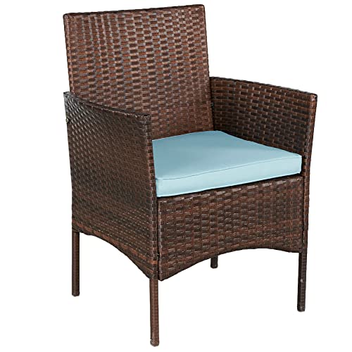 BTEXPERT Space Saving Outdoor Wicker Conversation 3 Piece Bistro Set Garden Patio Yard Porch Furniture Pe Rattan Two Chairs Cushions Side Storage Table Brown/Aqua Blue