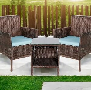 BTEXPERT Space Saving Outdoor Wicker Conversation 3 Piece Bistro Set Garden Patio Yard Porch Furniture Pe Rattan Two Chairs Cushions Side Storage Table Brown/Aqua Blue