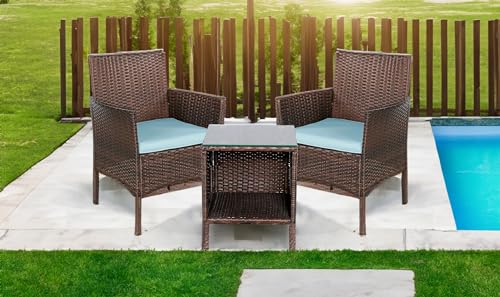 BTEXPERT Space Saving Outdoor Wicker Conversation 3 Piece Bistro Set Garden Patio Yard Porch Furniture Pe Rattan Two Chairs Cushions Side Storage Table Brown/Aqua Blue