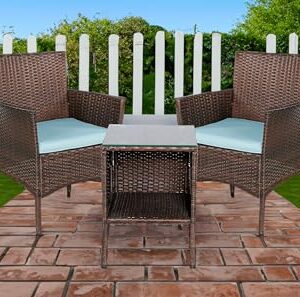 BTEXPERT Space Saving Outdoor Wicker Conversation 3 Piece Bistro Set Garden Patio Yard Porch Furniture Pe Rattan Two Chairs Cushions Side Storage Table Brown/Aqua Blue