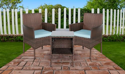 BTEXPERT Space Saving Outdoor Wicker Conversation 3 Piece Bistro Set Garden Patio Yard Porch Furniture Pe Rattan Two Chairs Cushions Side Storage Table Brown/Aqua Blue