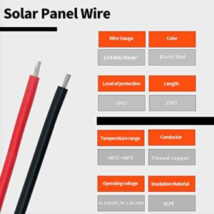 JMELEHW Solar Extension Cable, 25FT 12AWG Tinned Copper PV Wire, UV Resistant Solar Panel Cable for Outdoor RV Automotive Boat (Black + Red Wire)