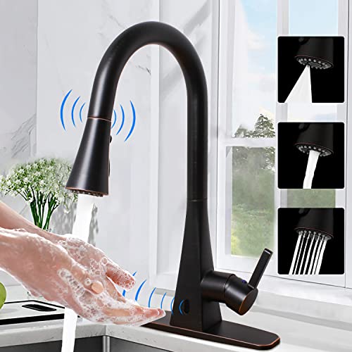 Touchless Kitchen Faucet, ANBSR Kitchen Sink Faucet with Pull Down Sprayer, High Arc Pulldown Single Handle for Motion Sensor, One Hole and 3 Hole 3 Setting Oil Rubbed Bronze Touch Kitchen Faucet