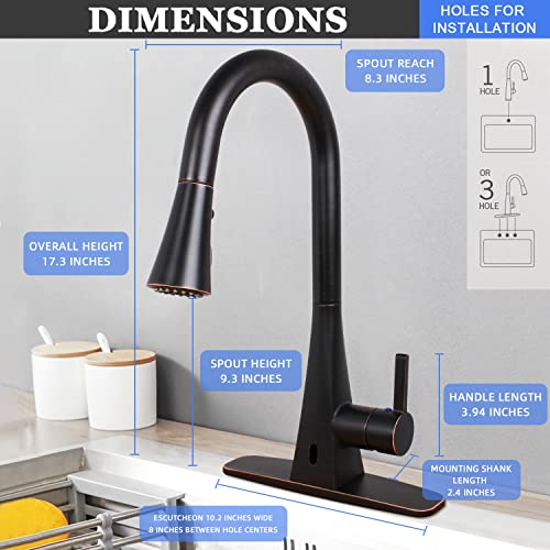 Touchless Kitchen Faucet, ANBSR Kitchen Sink Faucet with Pull Down Sprayer, High Arc Pulldown Single Handle for Motion Sensor, One Hole and 3 Hole 3 Setting Oil Rubbed Bronze Touch Kitchen Faucet