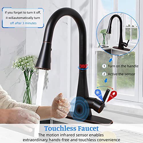 Touchless Kitchen Faucet, ANBSR Kitchen Sink Faucet with Pull Down Sprayer, High Arc Pulldown Single Handle for Motion Sensor, One Hole and 3 Hole 3 Setting Oil Rubbed Bronze Touch Kitchen Faucet