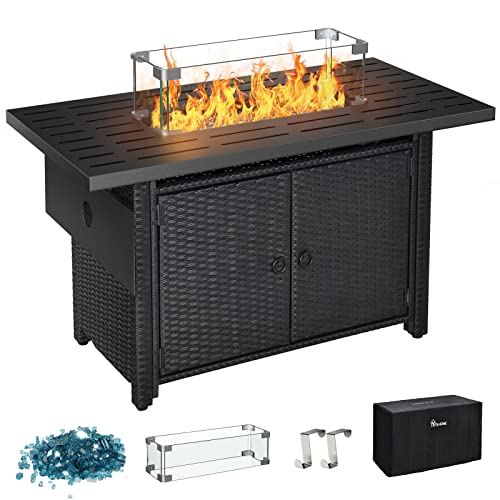 YITAHOME 43 Inch Propane Fire Pit Table and Resin Wicker Base, 50,000 BTU Gas Fire Pit with Ignition Systems, Iron Tabletop, Fire Glass Beads, Cover, Lid Hanger, Rectangle Outdoor Firetable for Patio