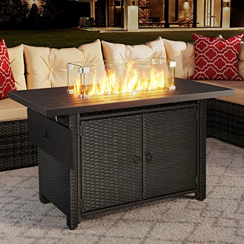 YITAHOME 43 Inch Propane Fire Pit Table and Resin Wicker Base, 50,000 BTU Gas Fire Pit with Ignition Systems, Iron Tabletop, Fire Glass Beads, Cover, Lid Hanger, Rectangle Outdoor Firetable for Patio