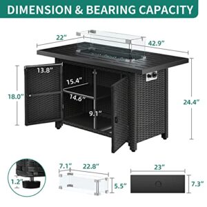 YITAHOME 43 Inch Propane Fire Pit Table and Resin Wicker Base, 50,000 BTU Gas Fire Pit with Ignition Systems, Iron Tabletop, Fire Glass Beads, Cover, Lid Hanger, Rectangle Outdoor Firetable for Patio