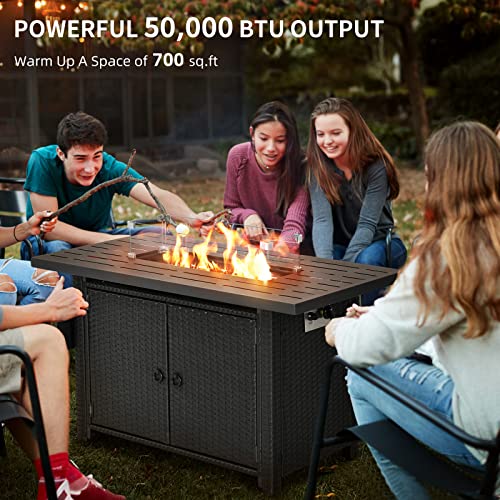 YITAHOME 43 Inch Propane Fire Pit Table and Resin Wicker Base, 50,000 BTU Gas Fire Pit with Ignition Systems, Iron Tabletop, Fire Glass Beads, Cover, Lid Hanger, Rectangle Outdoor Firetable for Patio