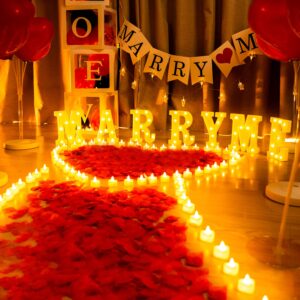 homemory marry me light up letters proposal decorations, marry me sign with 24pcs flameless candles 2000pcs red fake rose petals 30pcs red balloons for valentine's day wedding proposal romantic night