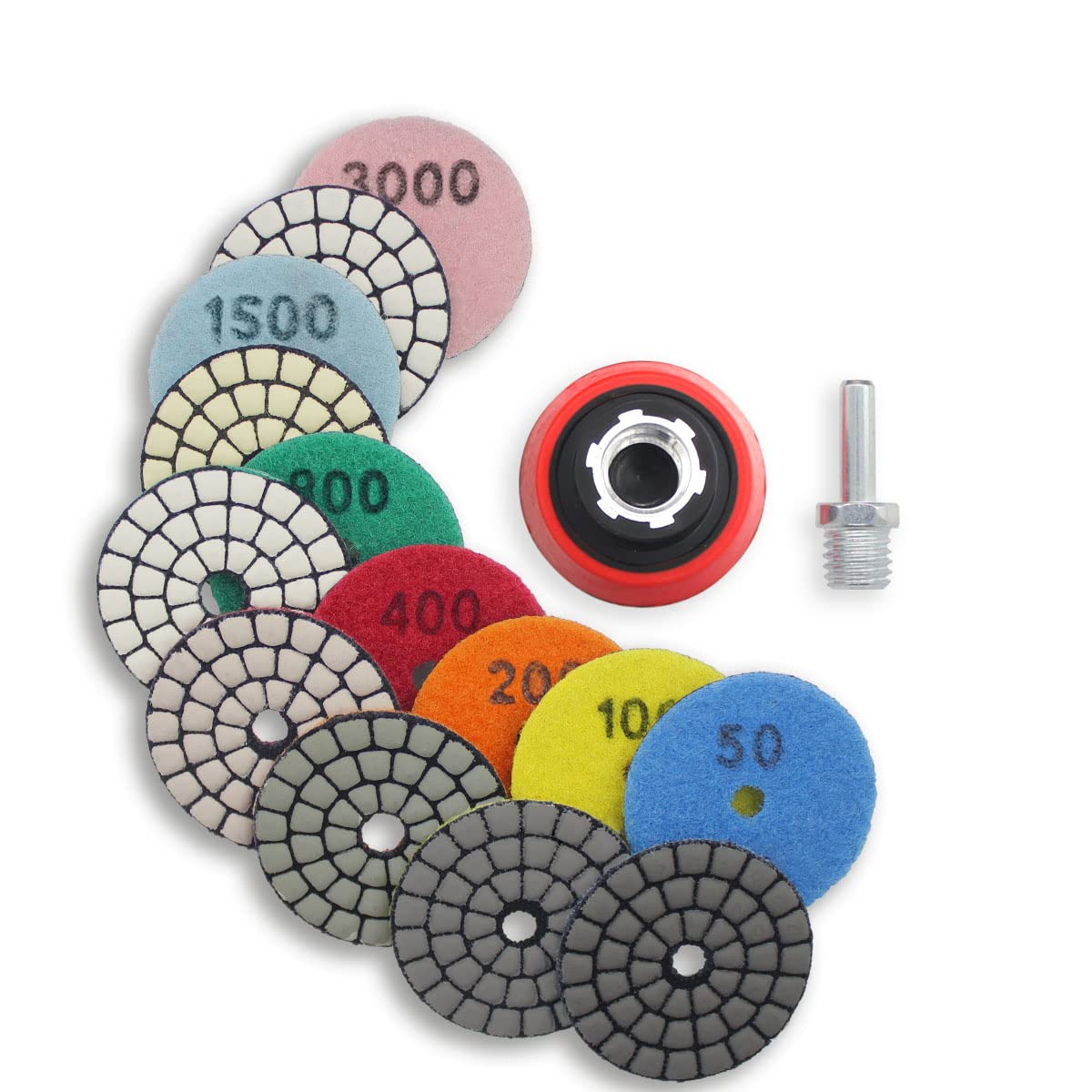 FINGLEE DT 2 Inch Diamond Polishing Pads with 7Pcs Dry Wet Granite Stone Polish Pad Kit for Drill，50-3000 Grit Polishing Pad (7Pcs Dry Pads+1 Drill Adapter)