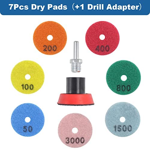 FINGLEE DT 2 Inch Diamond Polishing Pads with 7Pcs Dry Wet Granite Stone Polish Pad Kit for Drill，50-3000 Grit Polishing Pad (7Pcs Dry Pads+1 Drill Adapter)