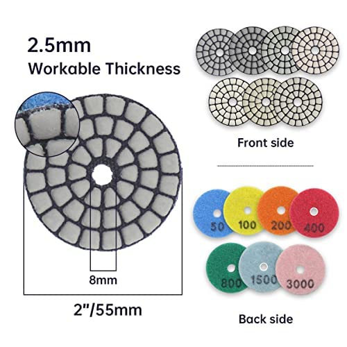 FINGLEE DT 2 Inch Diamond Polishing Pads with 7Pcs Dry Wet Granite Stone Polish Pad Kit for Drill，50-3000 Grit Polishing Pad (7Pcs Dry Pads+1 Drill Adapter)