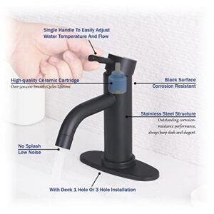 WOEN-FLOW Matte Black Bathroom Faucet Sink Faucets Vanity Vessel Faucet & Deck Plate 1 or 3 Hole Washroom Taps Lavatory Faucet Stainless Steel cUPC Certified Single Hole Handle