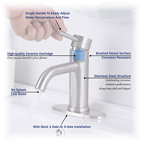 WOEN-FLOW Brushed Nickel Bathroom Faucet Sink Faucets Vanity Vessel Faucet & Deck Plate 1 or 3 Hole Washroom Taps Lavatory Faucet Stainless Steel cUPC Certified Single Hole Handle