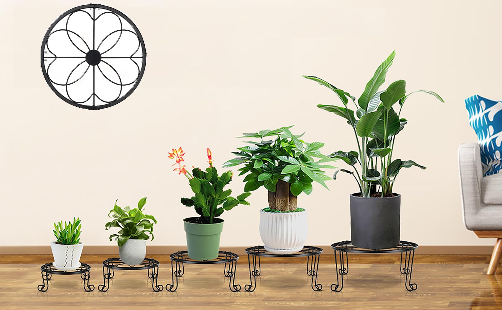 5 Pack Metal Plant Stands for Indoor Outdoor Plants, Heavy Duty Flower Pot Stands, Black Rustproof Iron Planter Holder, Round Garden Container Plant Rack, Potted Plant Shelf for Garden Home Corner