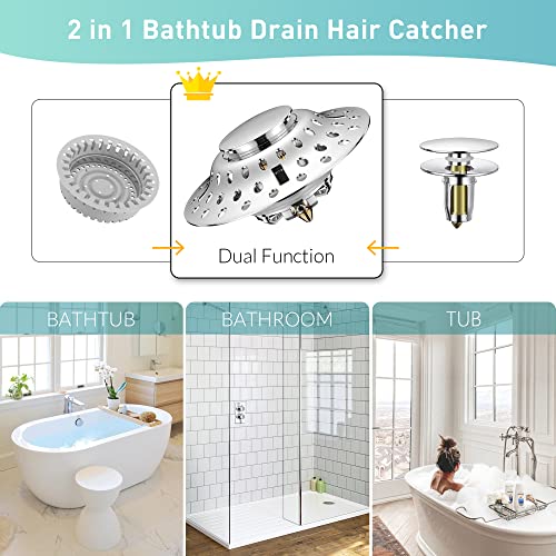 Universal Bathtub Stopper with Drain Hair Catcher, 2 in 1 Upgraded Pop Up Tub Stopper with Dual Drain Filter, Anti-Clog Bathtub Drain Cover, Stainless Bath Tub Drain Plug for 1.45"-1.85" Drain Hole