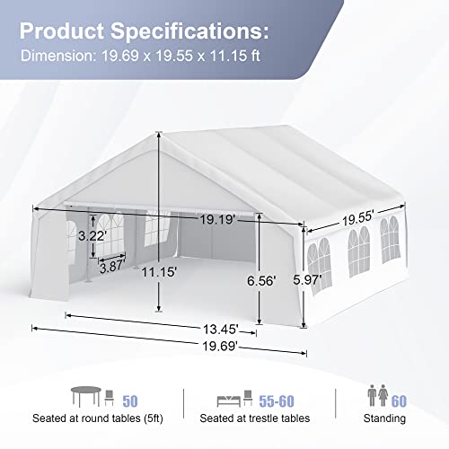 Morngardo Canopy Tent for Parties Heavy Duty 20'x20' Car Tent Metal Carport Portable Garage with Removable Sidewalls, White