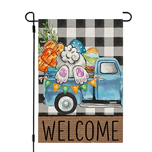 CROWNED BEAUTY Easter Truck Garden Flag Buffalo Plaid 12x18 Inch Double Sided for Outside Bunny Tail Burlap Small Welcome Yard Holiday Decoration CF707-12