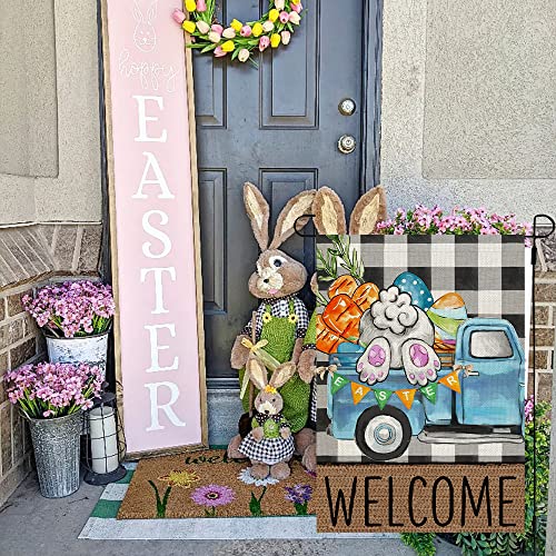 CROWNED BEAUTY Easter Truck Garden Flag Buffalo Plaid 12x18 Inch Double Sided for Outside Bunny Tail Burlap Small Welcome Yard Holiday Decoration CF707-12