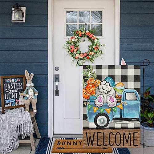 CROWNED BEAUTY Easter Truck Garden Flag Buffalo Plaid 12x18 Inch Double Sided for Outside Bunny Tail Burlap Small Welcome Yard Holiday Decoration CF707-12