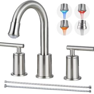 VXV LED Bathroom Faucet Brushed Nickel, 8 Inch Widespread Bathroom Sink Faucets, 2-Handle 3 Hole Bathroom Lavatory Faucet, Basin Mixer Tap Faucet, Drain Assembly Included (LED-BN)